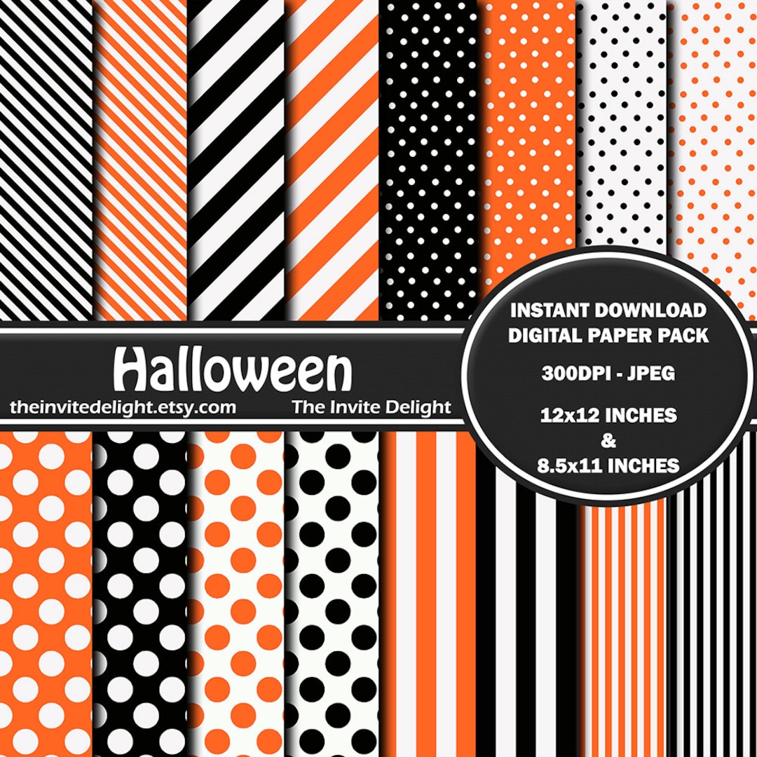 Halloween Digital Paper Pack, Orange Polka Dots, Black Stripes ...