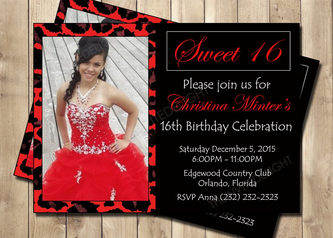 Sweet 16 Leopard Print Birthday Invitation - Red Black Leopard Sweet 16 ...