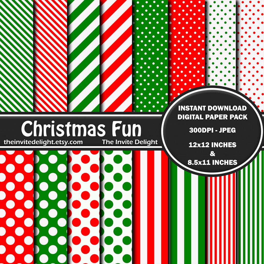 Christmas Fun Digital Paper Pack, Red Green White Polka Dots, Christmas ...