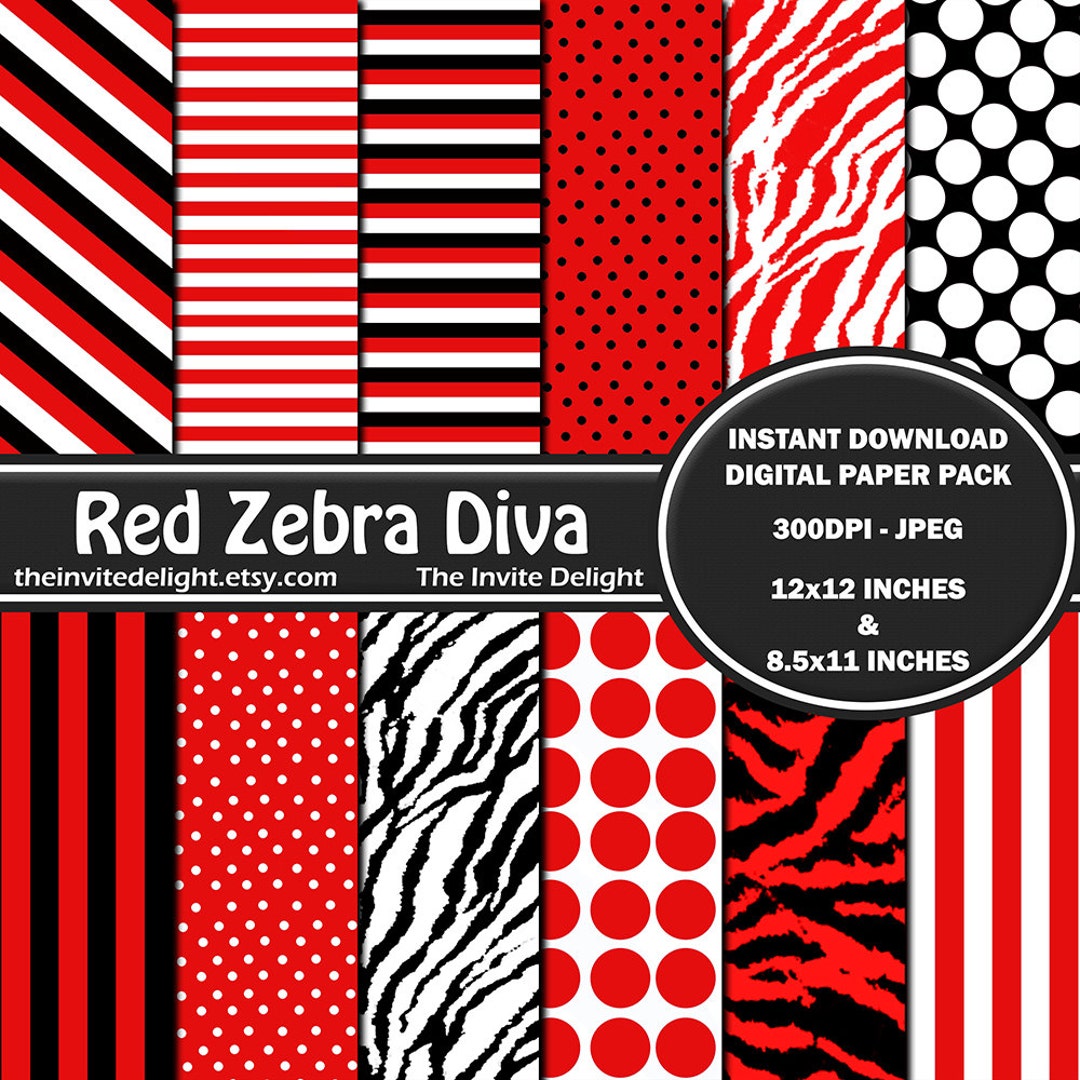 Red Zebra Diva Digital Paper Pack, Red and White Polka Dots, Zebra ...