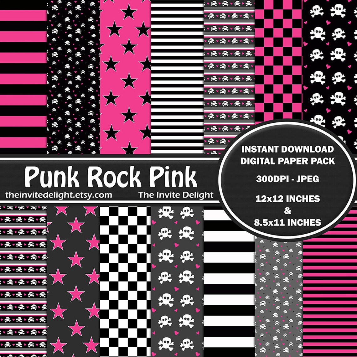 Punk Rock Pink Digital Paper Pack, Pink and Black Stripes, Skater Party ...