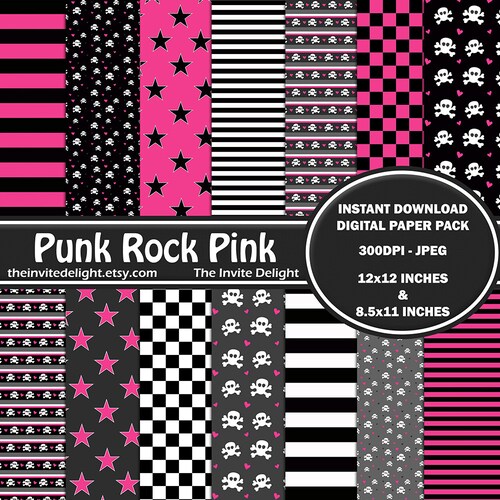 Punk Rock Pink Digital Paper Pack Pink and Black Stripes - Etsy