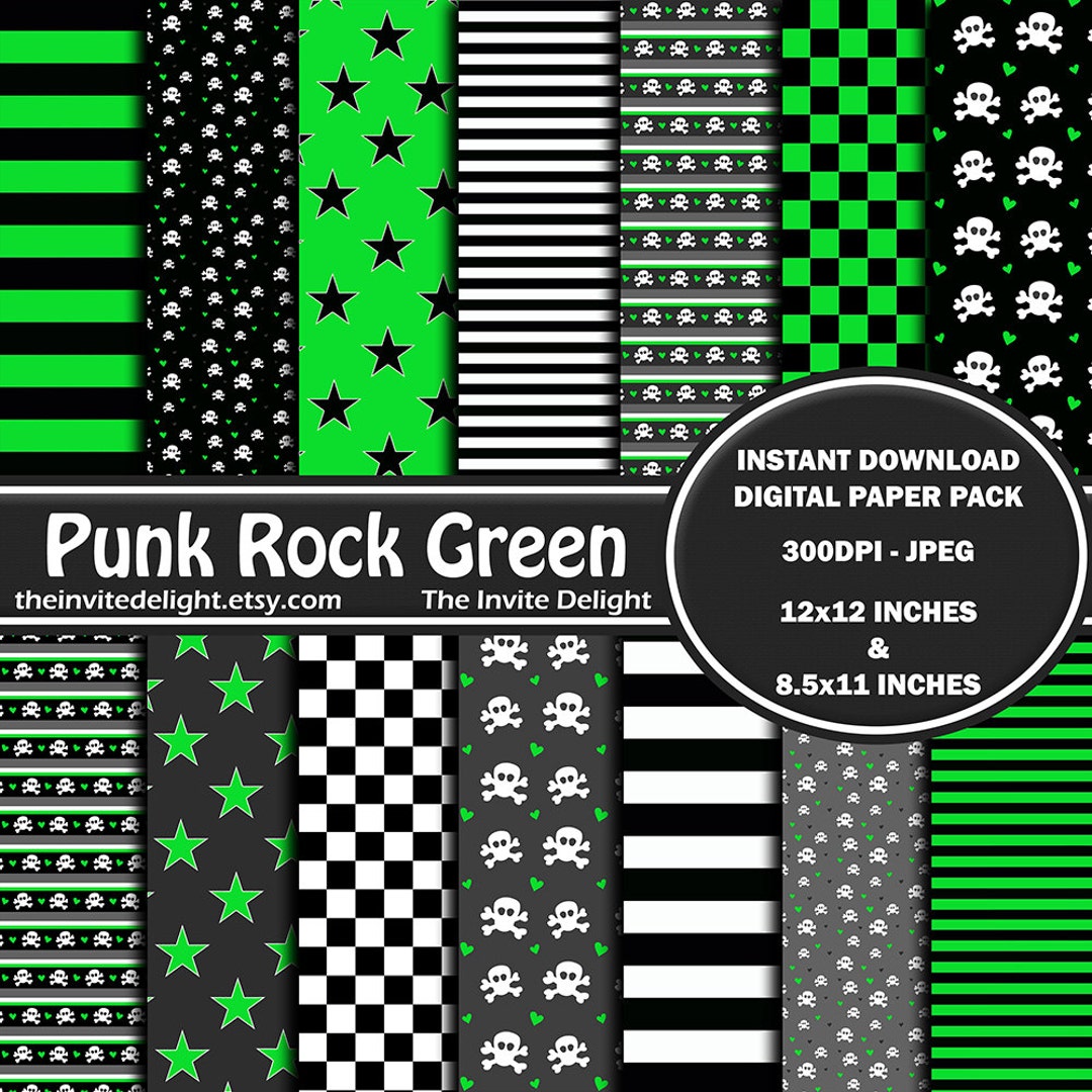 Punk Rock Green Digital Paper Pack, Green and Black Stripes, Skater ...