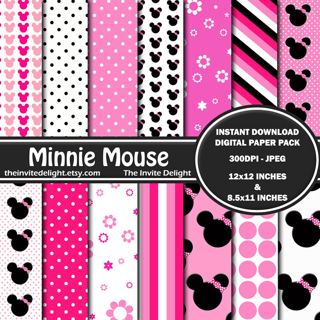 Minnie Mouse Digital Paper Pack, Pink Polka Dots, Minnie Mouse Heads ...