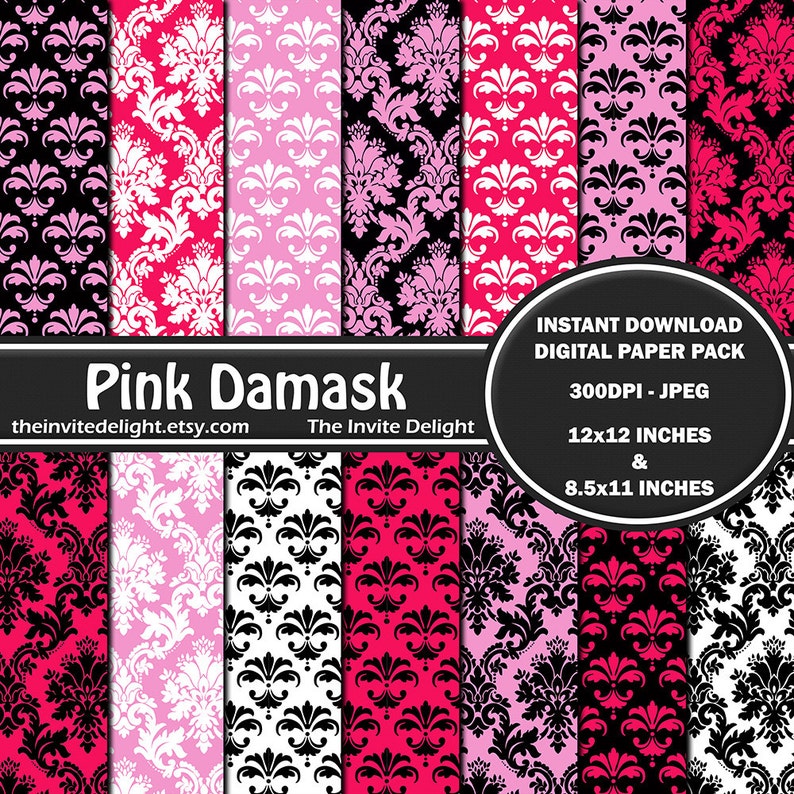Pink Damask Digital Paper Pack, Girl Birthday Party Printable, Paris ...