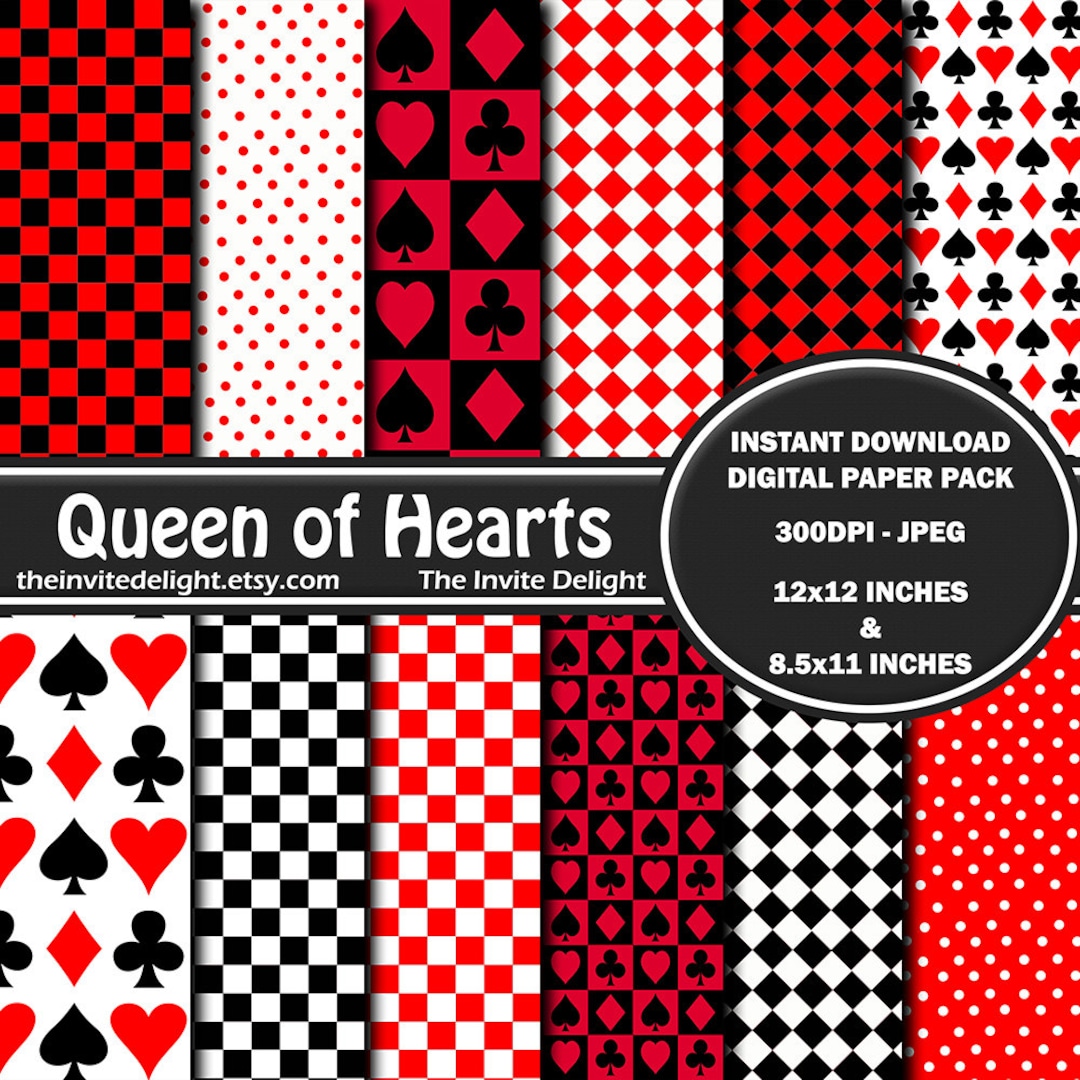 Queen of Hearts Digital Paper Pack, Red and Black Party Decor, Alice in ...