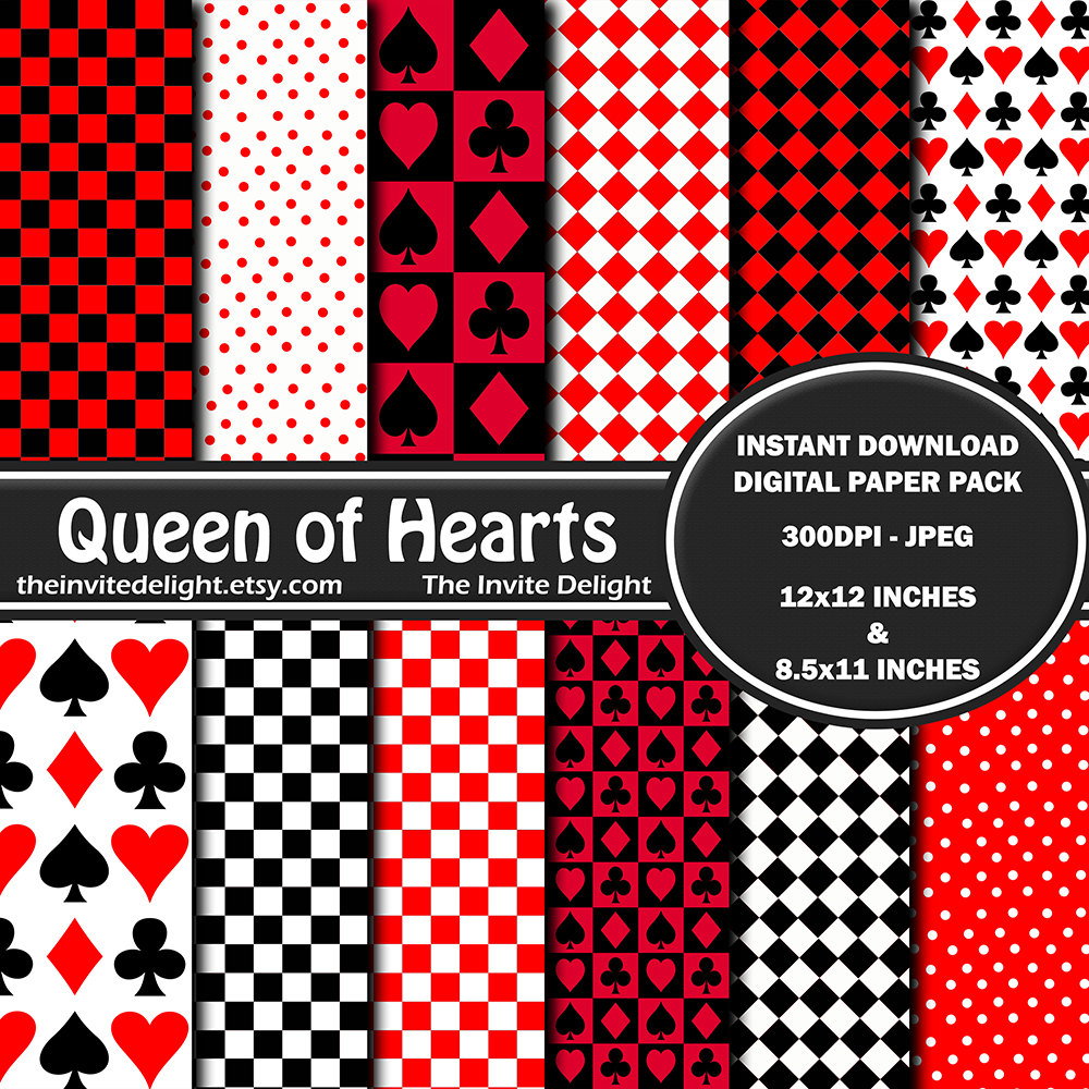 Queen of Hearts Digital Paper Pack Red and Black Party Decor | Etsy