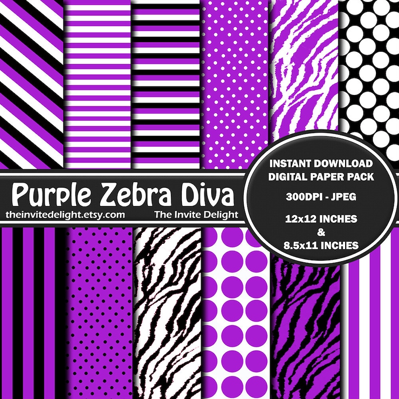 Purple Zebra Diva Digital Paper Pack Purple Polka Dots Zebra - Etsy