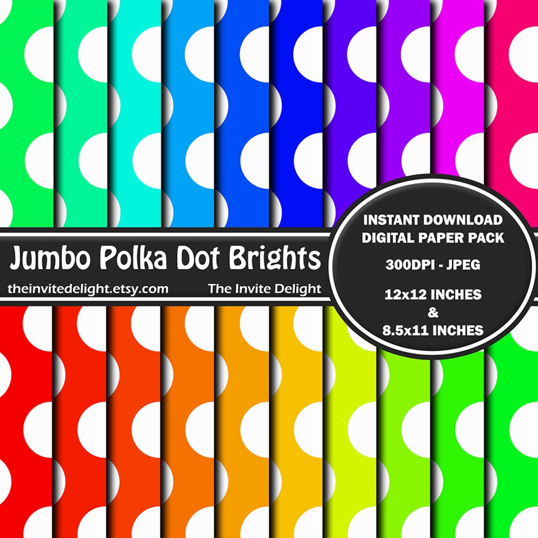 Jumbo Polka Dot Brights Digital Paper Pack, Rainbow Party Decor ...