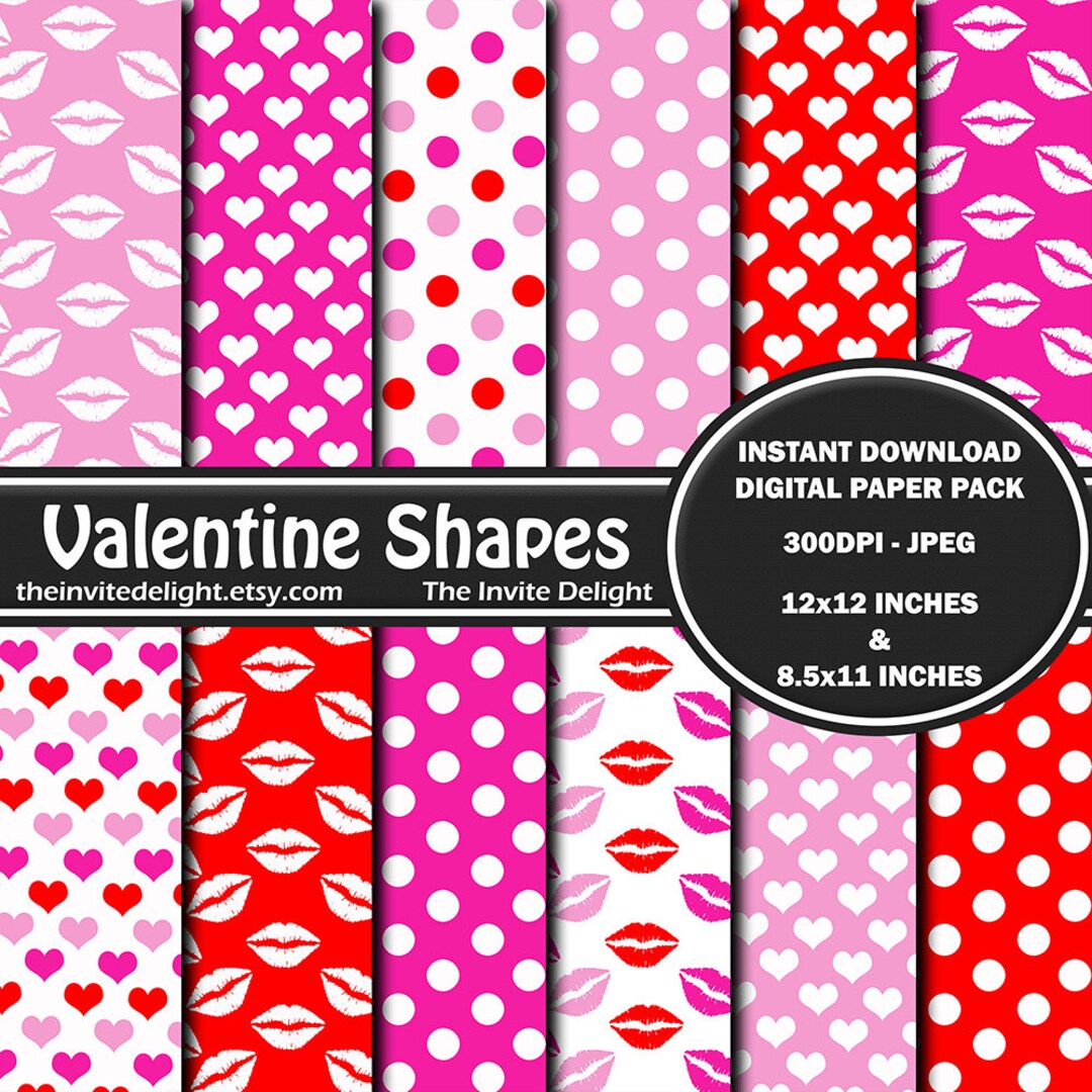 Valentine Shapes Digital Paper Pack, Hot Pink Polka Dots, Kisses and ...