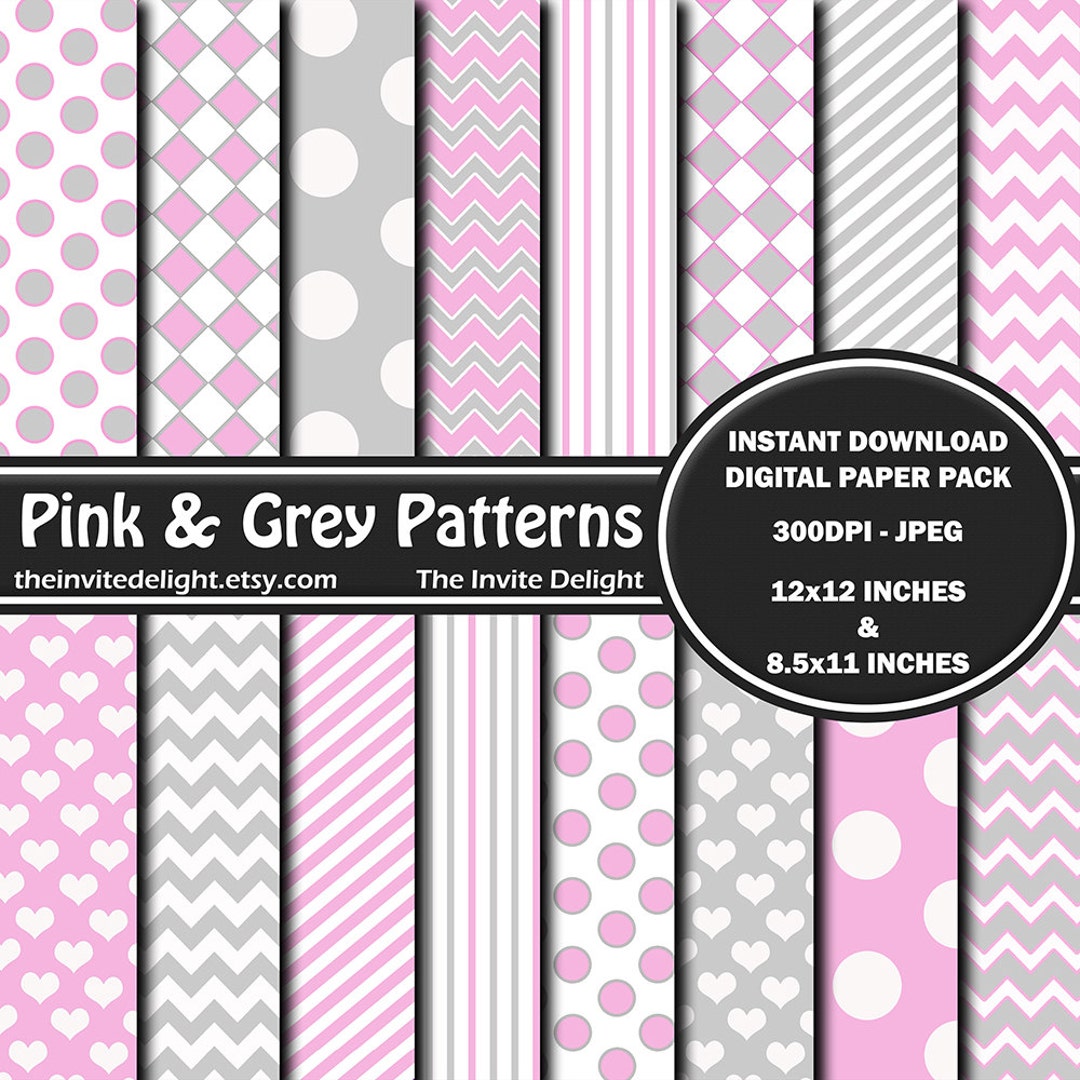Pink and Grey Patterns Digital Paper Pack, Pastel Polka Dots, Light Pink Striped, Easter Party ...