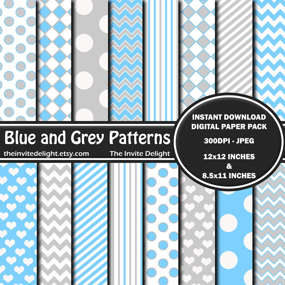 Blue and Grey Patterns Digital Paper Pack, Pastel Polka Dots, Pastel ...