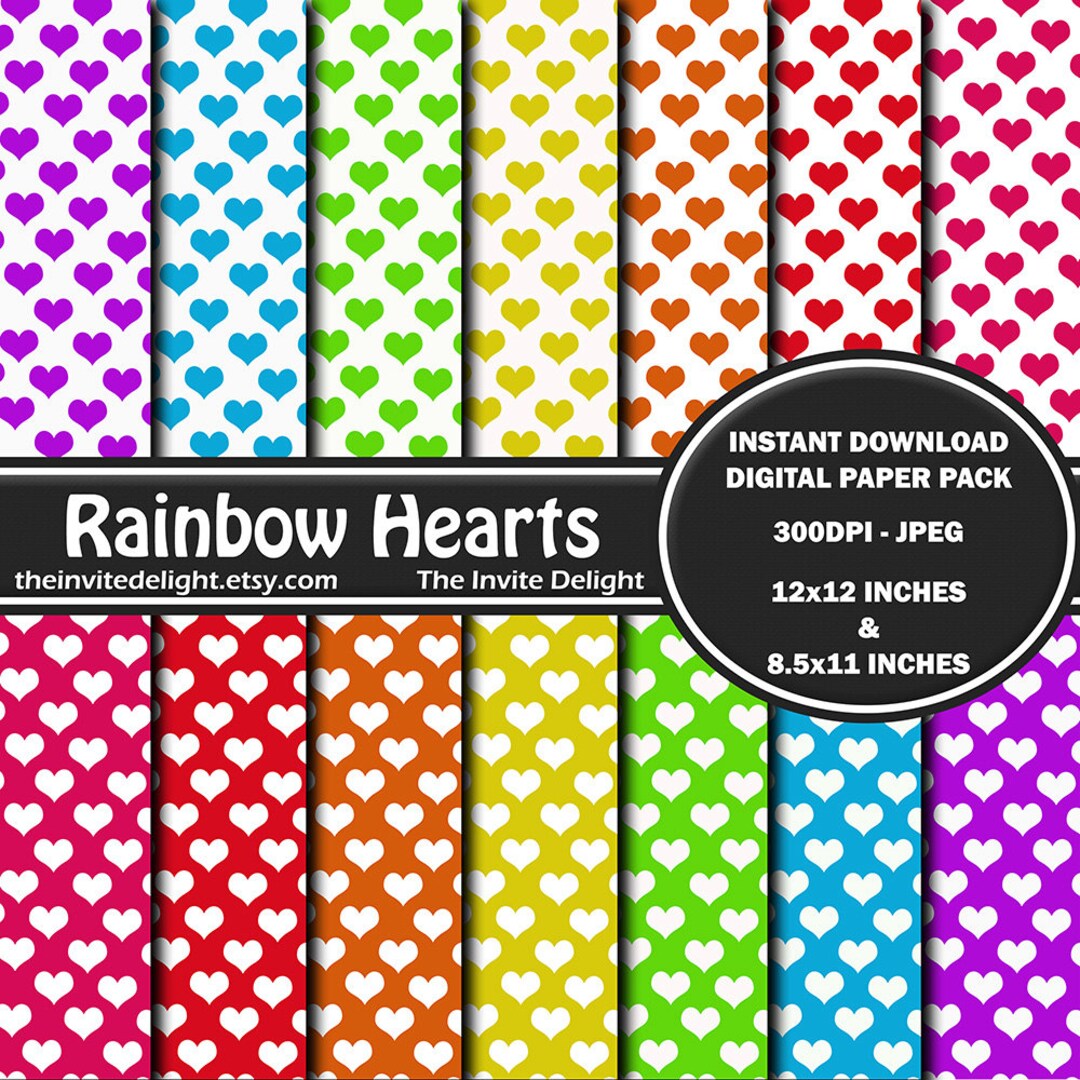 Hearts Digital Paper Pack, Rainbow Hearts, Valentines Day Printable ...