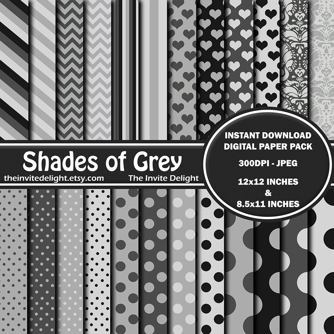Shades of Grey Digital Paper Pack, Silver Polka Dots, Grey Striped ...