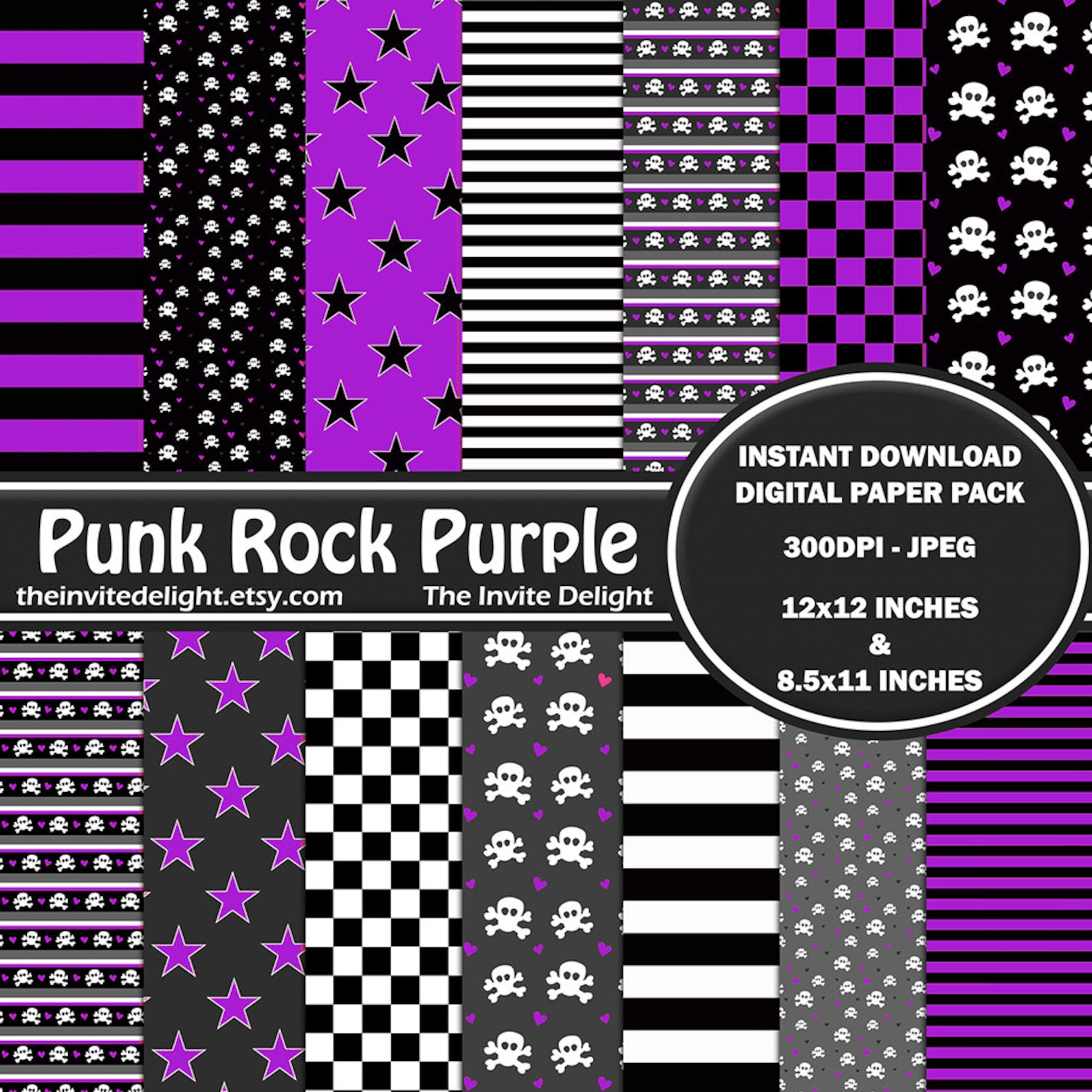 Punk Rock Purple Digital Paper Pack Purple and Black Stripes | Etsy
