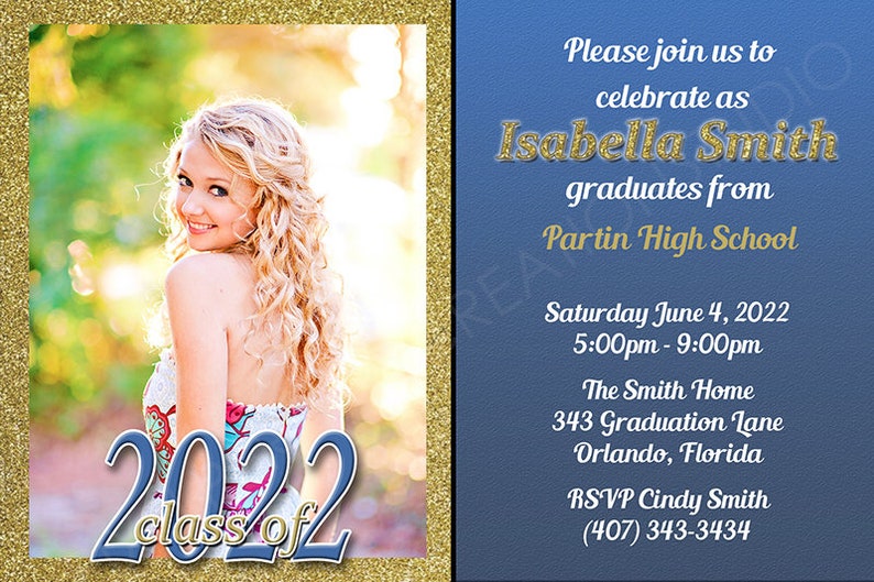 Graduation Invitation - 2022 Gold Glitter and Blue Graduation Party ...