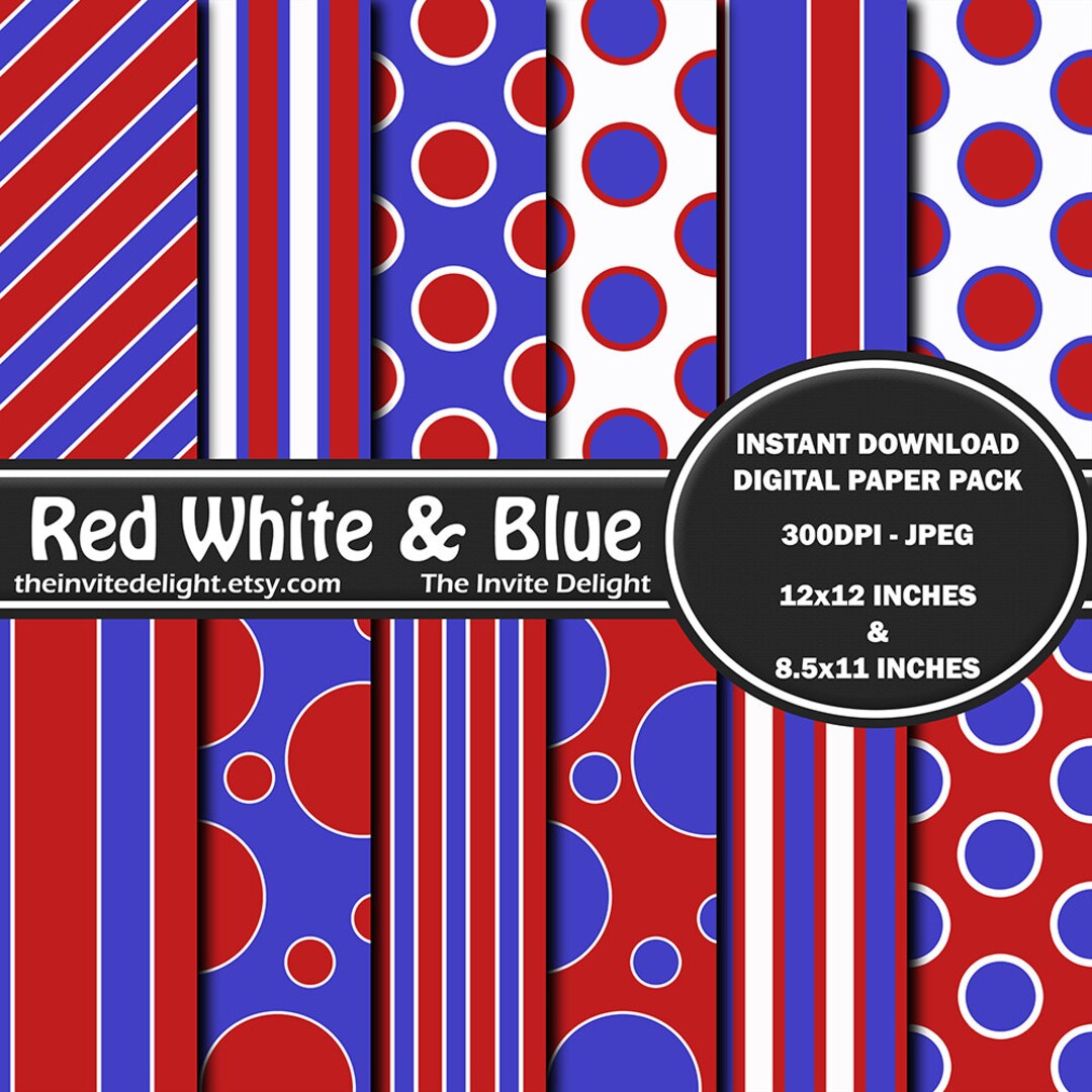 Red White and Blue Digital Paper Pack, 4th of July, Memorial Day, BBQ ...
