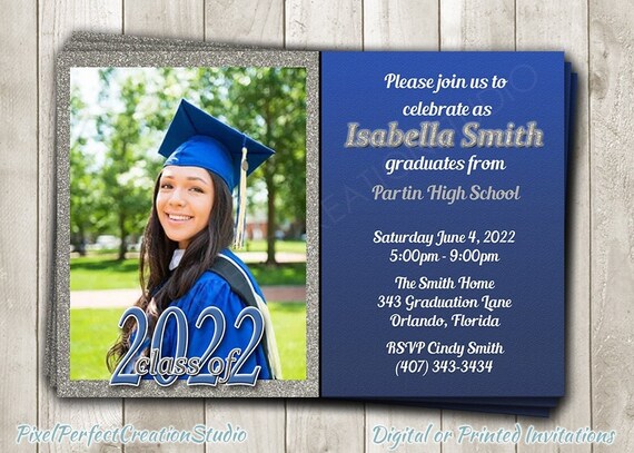Graduation Invitation 2022 Silver Glitter and Blue - Etsy