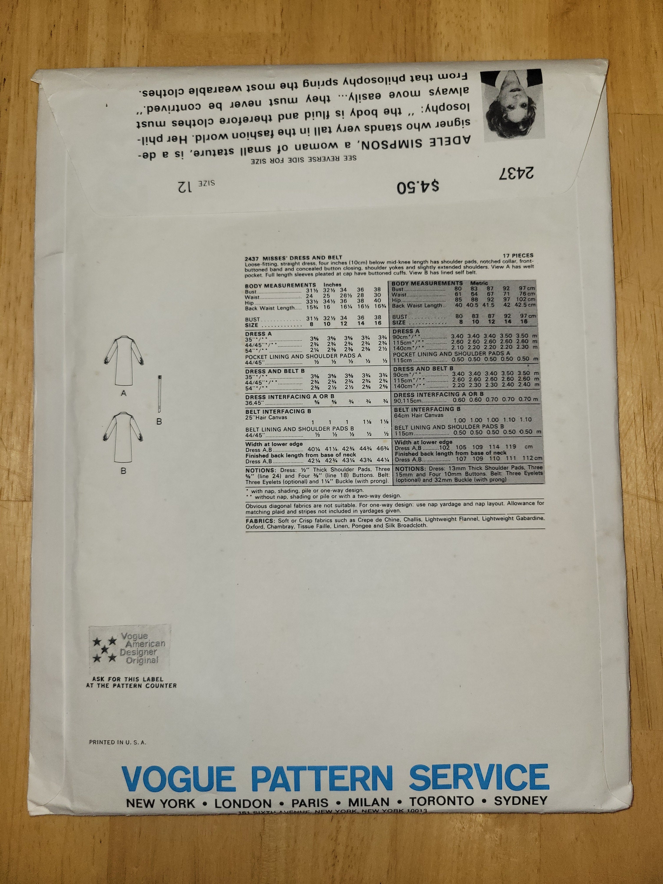 Vintage 1980 Vogue Adele Simpson Pattern 2437 Misses' Dress and Belt Uncut - Etsy