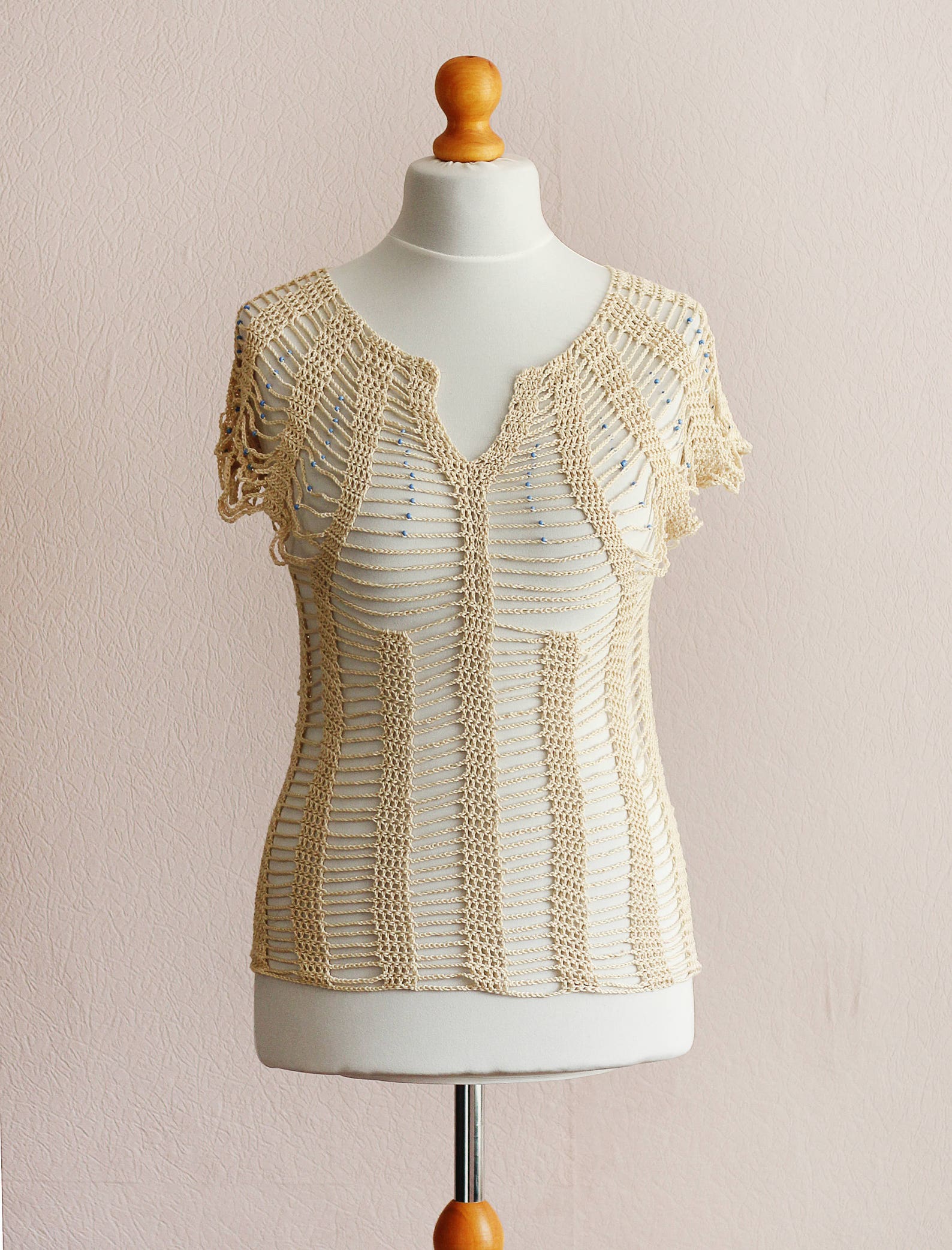 Beige Lace Blouse / Beaded Crochet Top / Summer Cotton - Etsy
