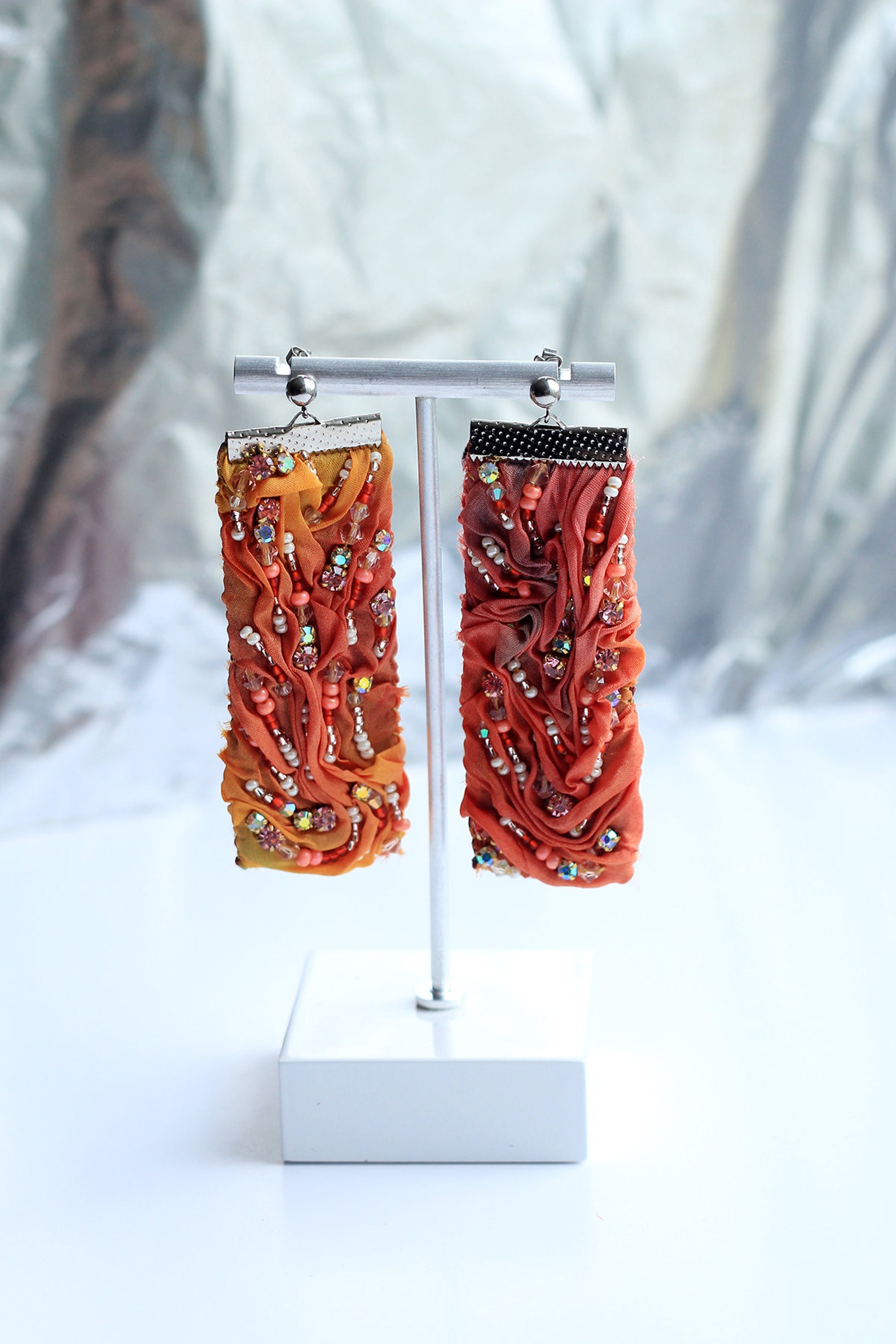 Orange Silk Earrings / Crystal Embroidered Rectangle Post Earrings ...