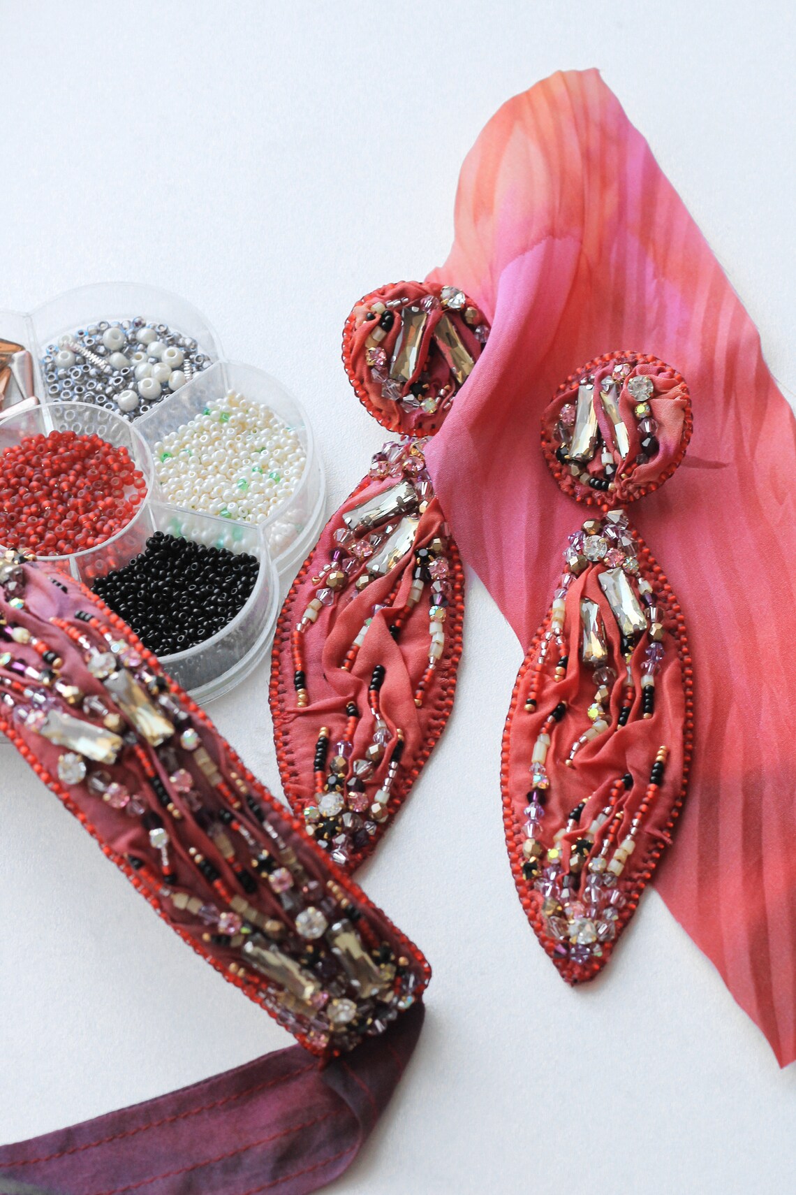 Red Silk Bracelet / Crystal Embroidered Silk Bracelet / Stand Out ...