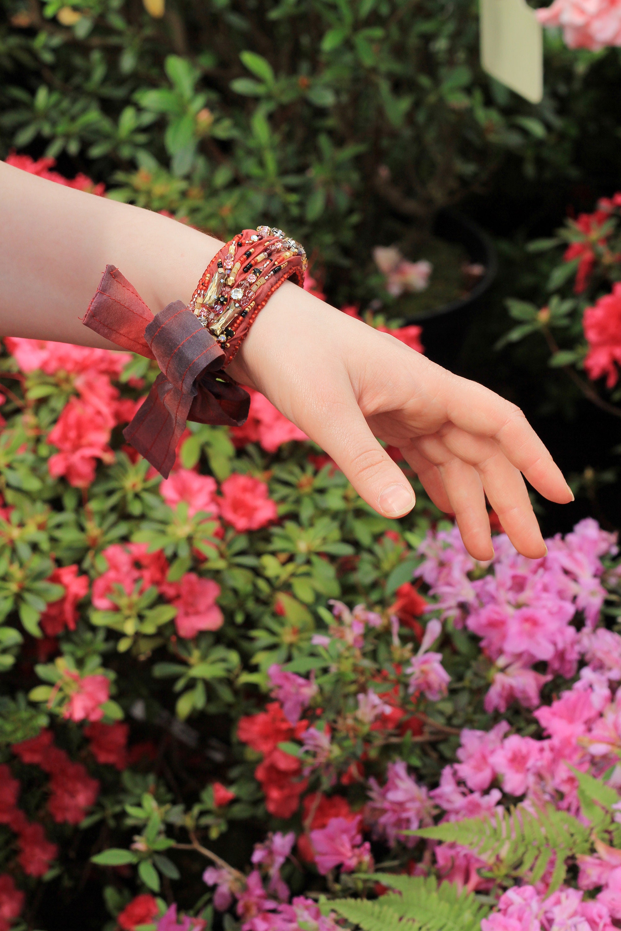 Red Silk Bracelet / Crystal Embroidered Silk Bracelet / Stand Out ...