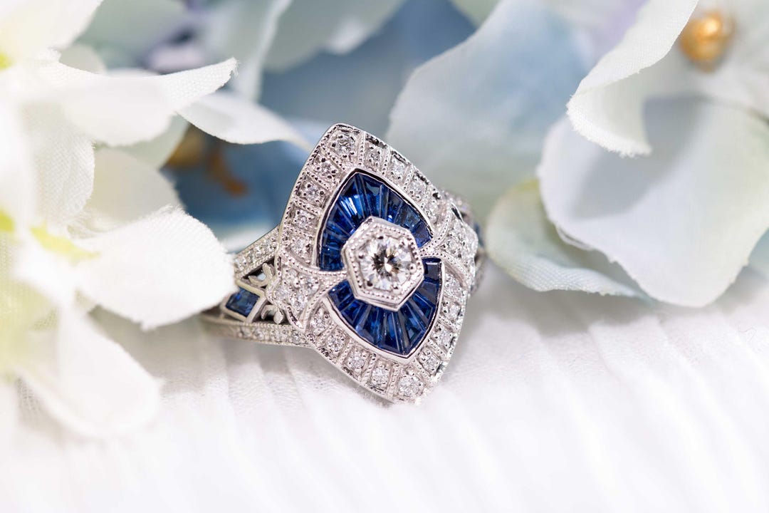 Natural Blue Sapphire Art Deco Ring in White Gold Setting With Diamond ...