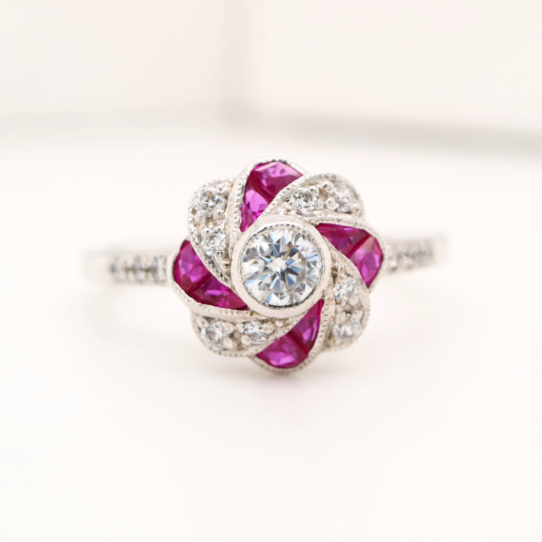 Vintage Art Deco Ruby Diamond Ring: Pinwheel Design - Etsy