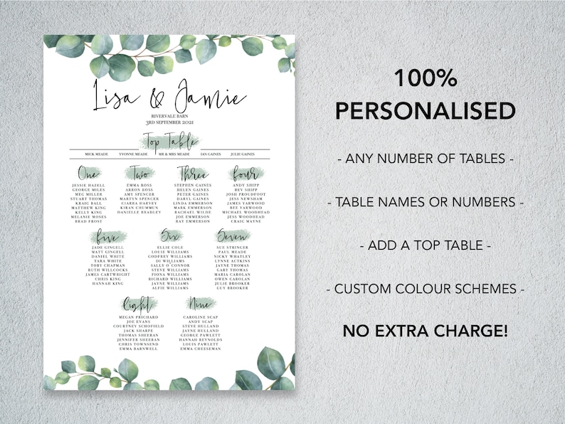 Eucalyptus Wedding Table Plan Custom Wedding Seating Chart | Etsy UK