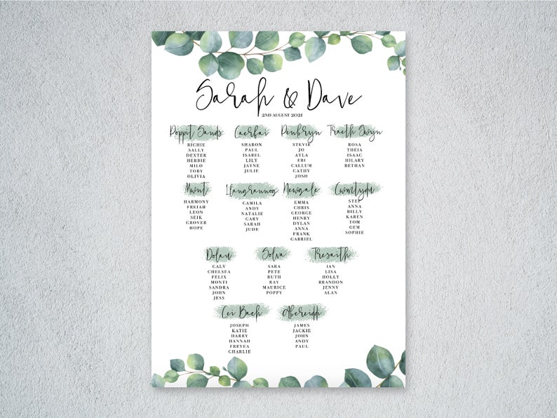 Eucalyptus Wedding Table Plan Custom Wedding Seating Chart | Etsy UK