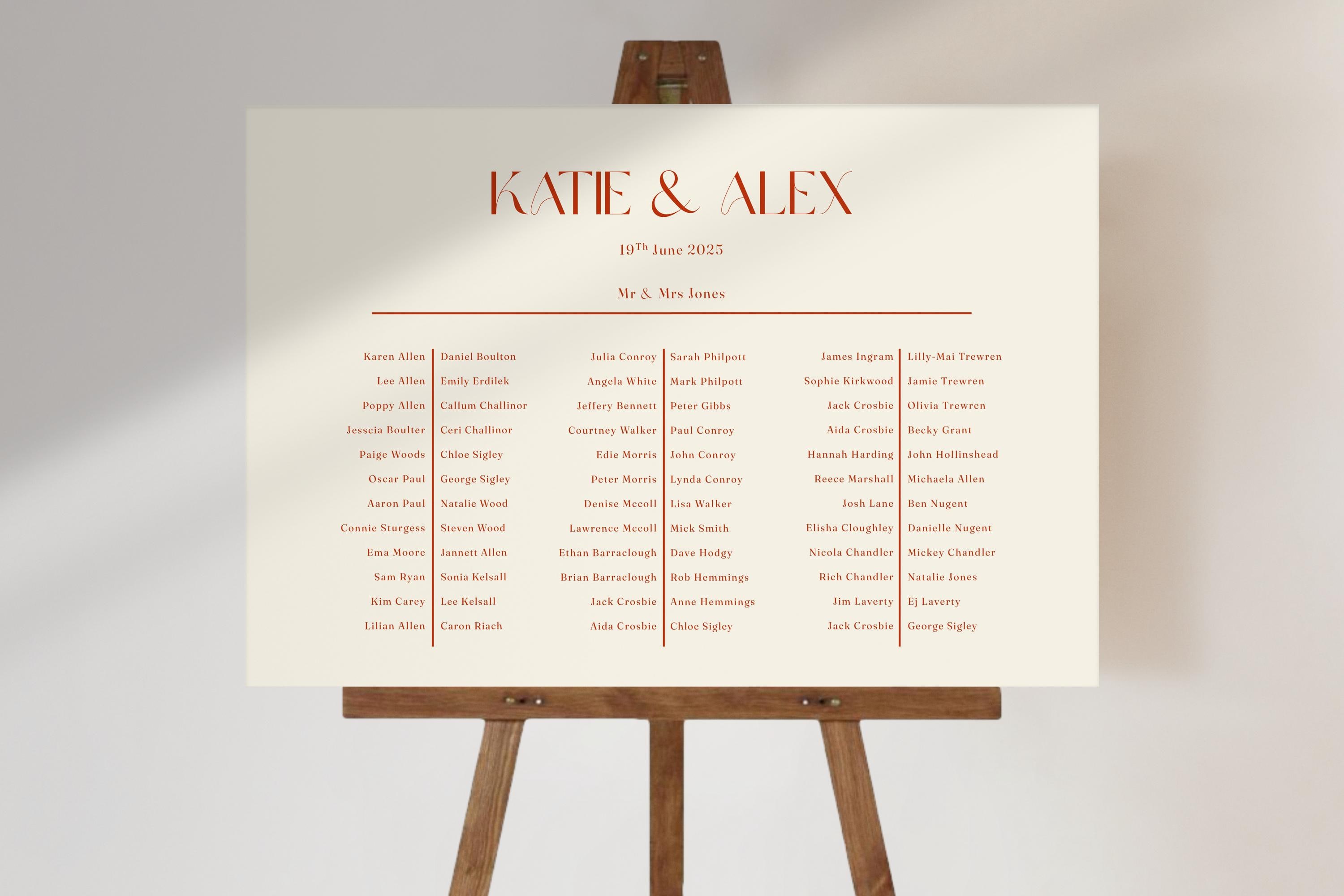 Cream & Red Wedding Table Plan for Long Tables, Banquet Table Plan ...
