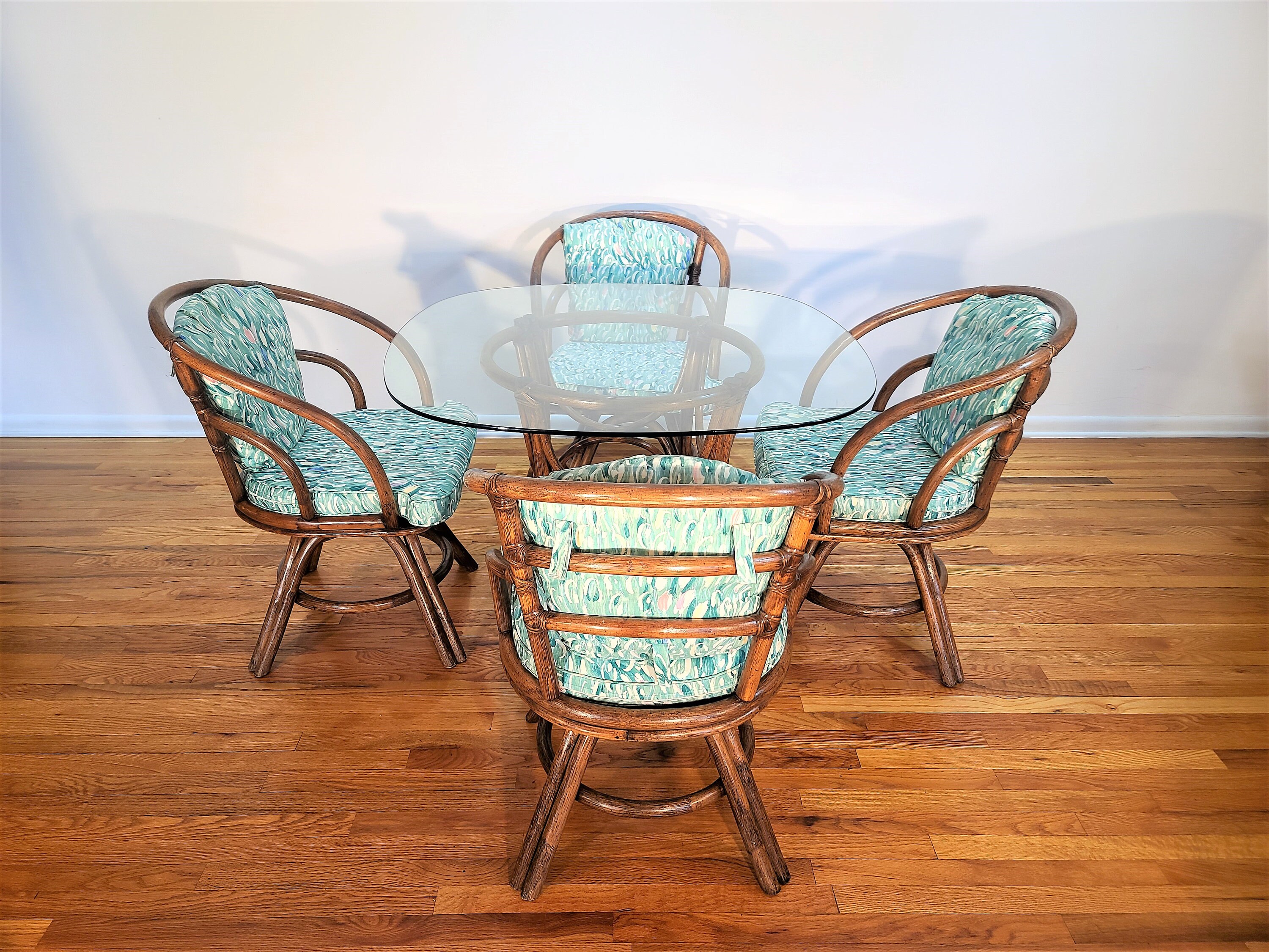 Mid Century Brown Jordan Bentwood Rattan Set With Four Swivel Chairs and Table Etsy