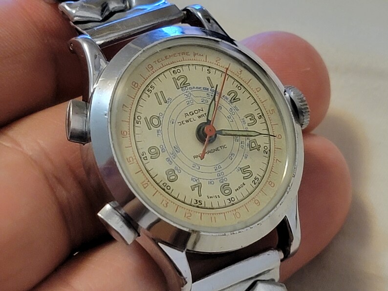 Rare Vintage Agon Sportometer Stainless Steel 17 Jewels Telemeter Dial ...