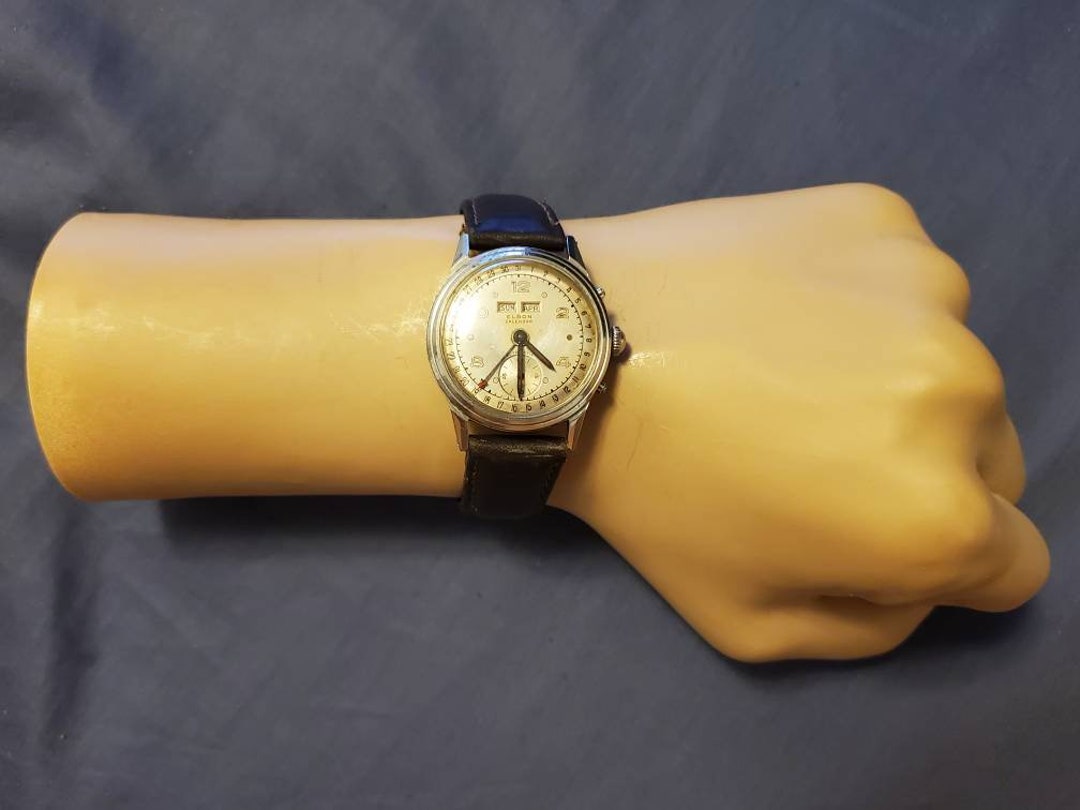 Vintage Elbon Bumper Automatic Triple Date Calendar Stainless Steel Men ...