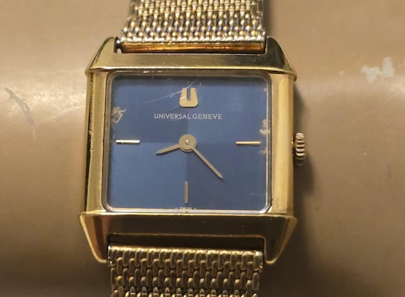 Rare Vintage Universal Geneve Gold Plated Square Blue… - Gem
