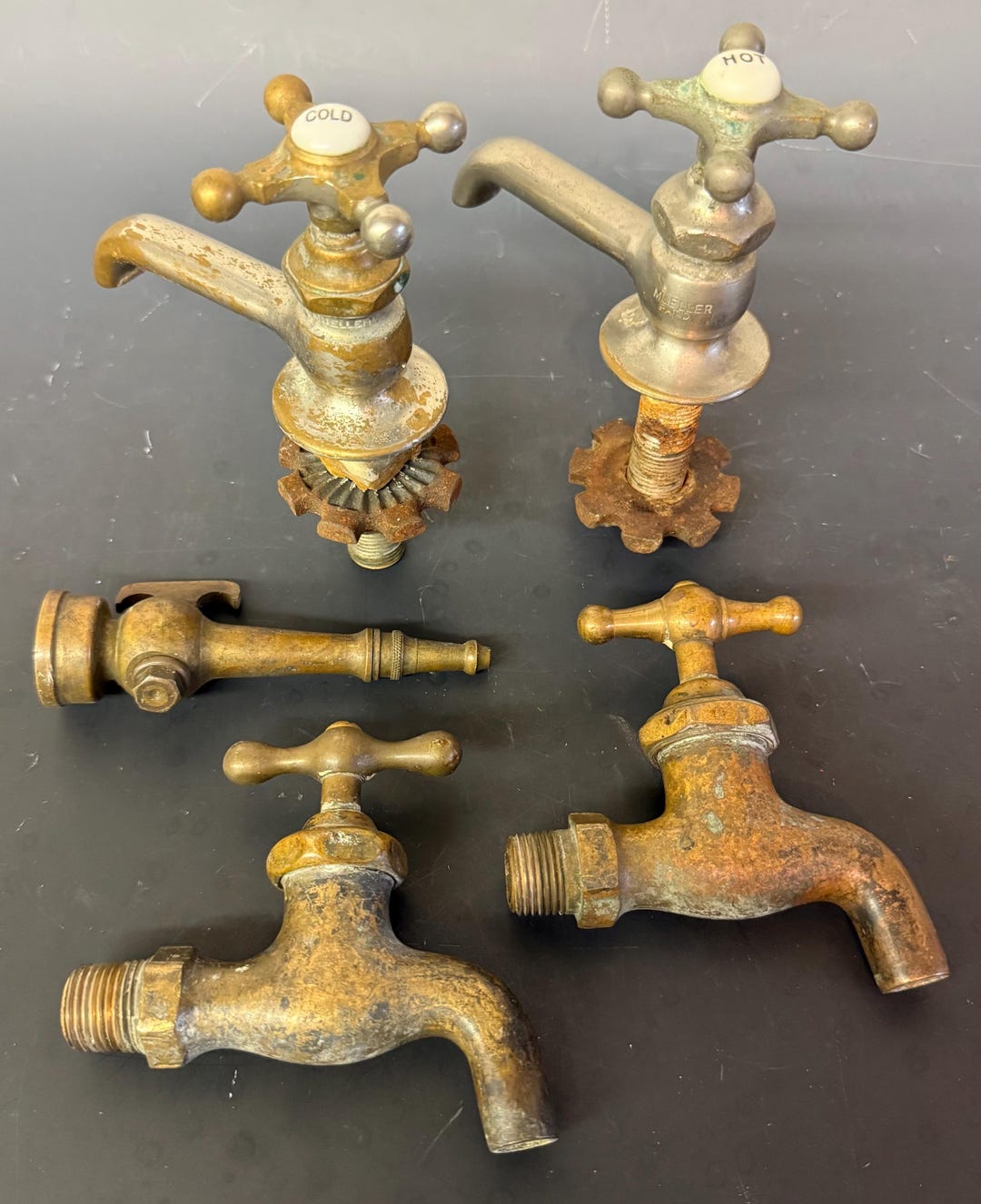 Vintage Brass & Porcelain Hot/cold Faucets Garden Hose Spigots ...