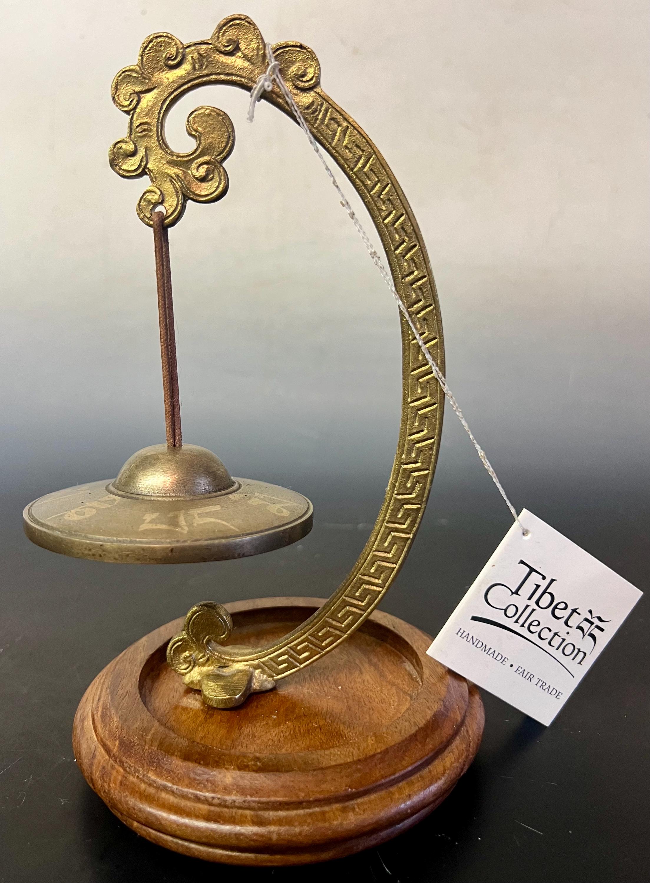 Tibet Collection OM Mani Ting Table Chime Gong Brass W/ Wood Base ...
