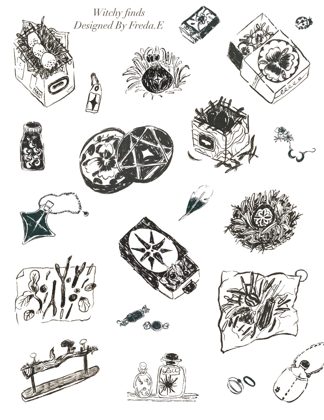 Witchy Things Handrawn Rub on Stickers Print on Stickers - Etsy