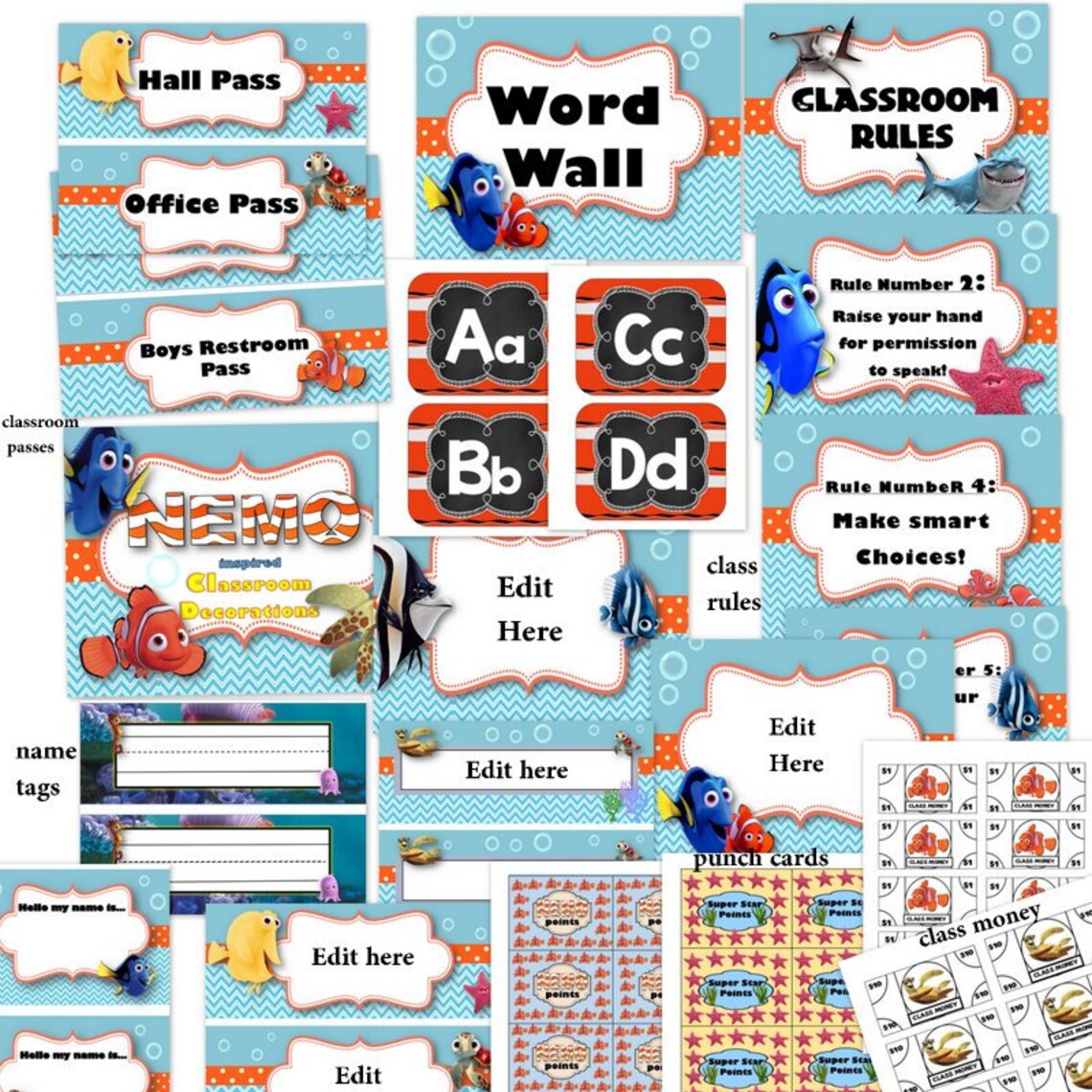 Finding Nemo and Dory Classroom Decoration Set-editable - Etsy