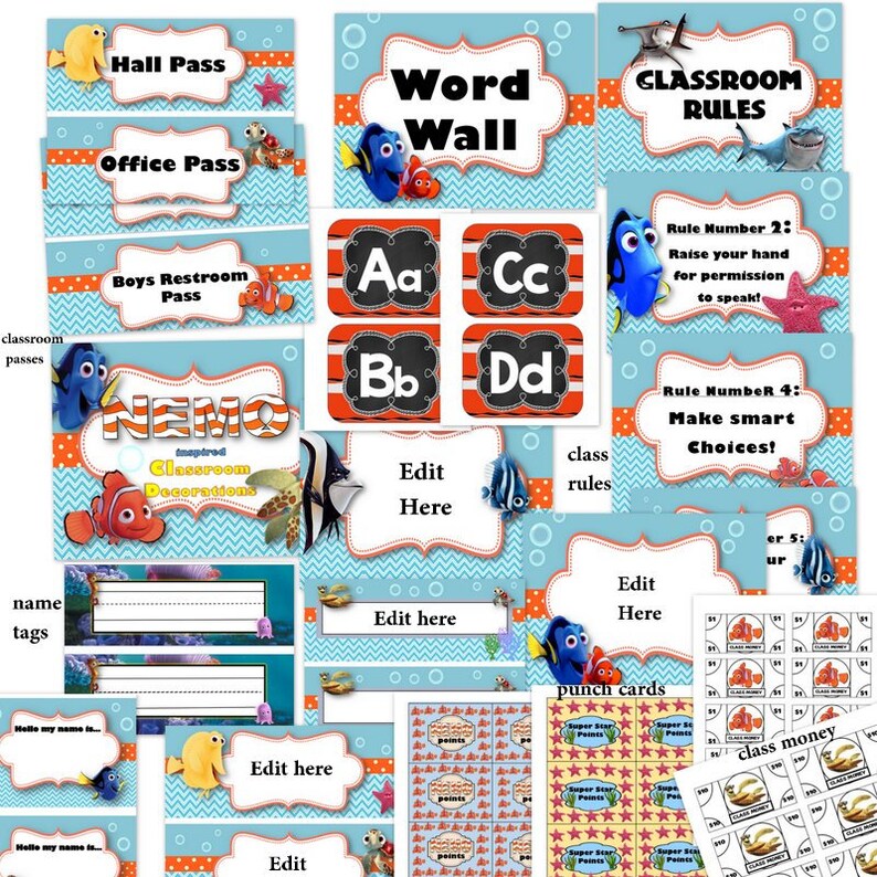Finding Nemo and Dory Classroom Decoration Set-editable! - Etsy
