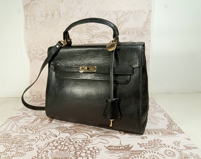 Vintage French Black Leather Kelly Style Bag/purse With Shoulder Strap ...