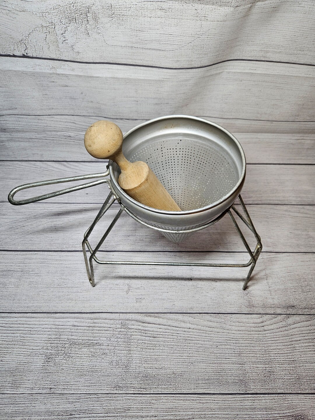 Aluminum Sieve Strainer 1970s W/ Stand and Wood Masher - Wood Pestle ...