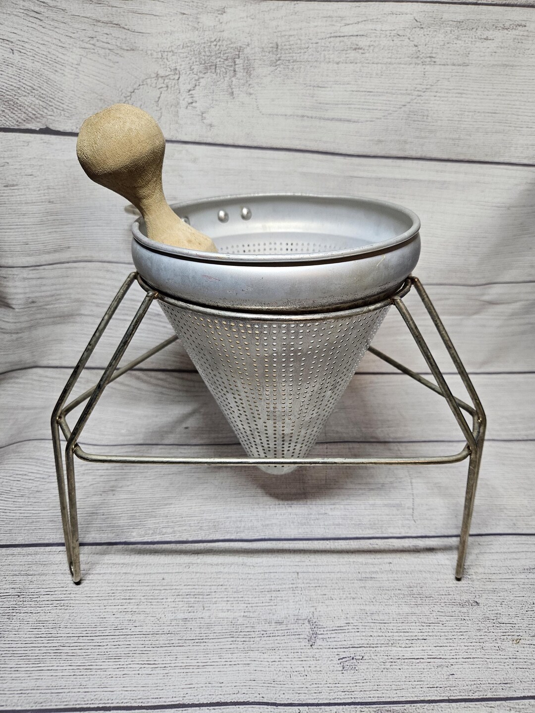 Aluminum Sieve Strainer 1970s W/ Stand and Wood Masher Wood Pestle ...