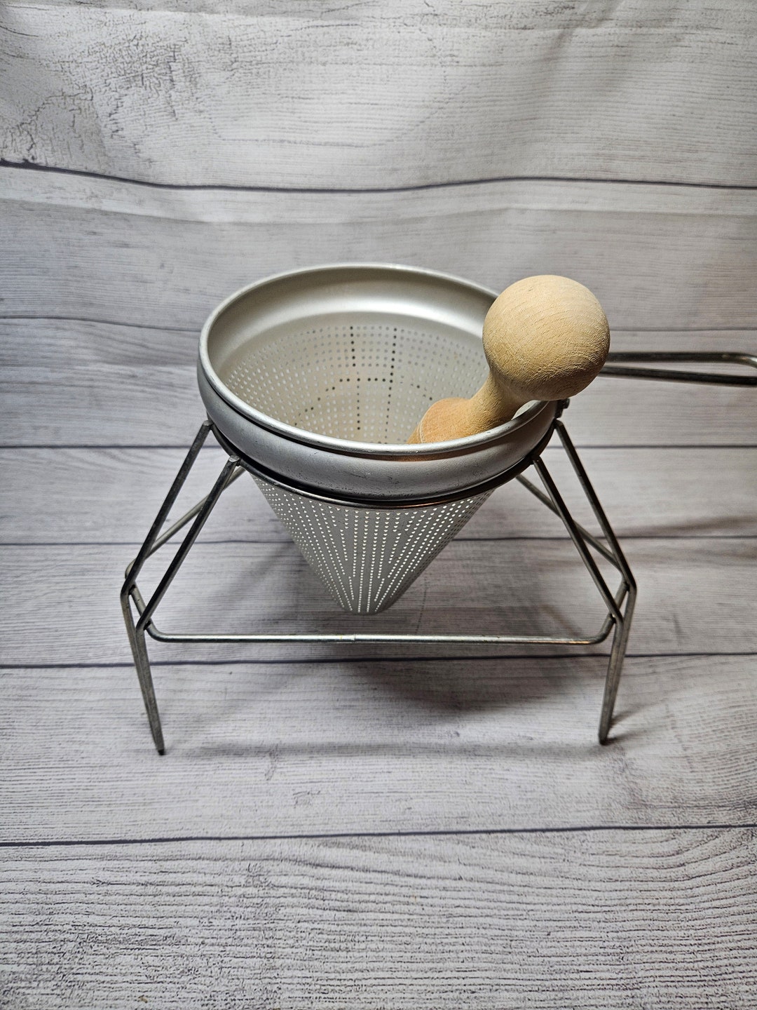 Aluminum Sieve Strainer 1970s W/ Stand and Wood Masher Wood Pestle ...