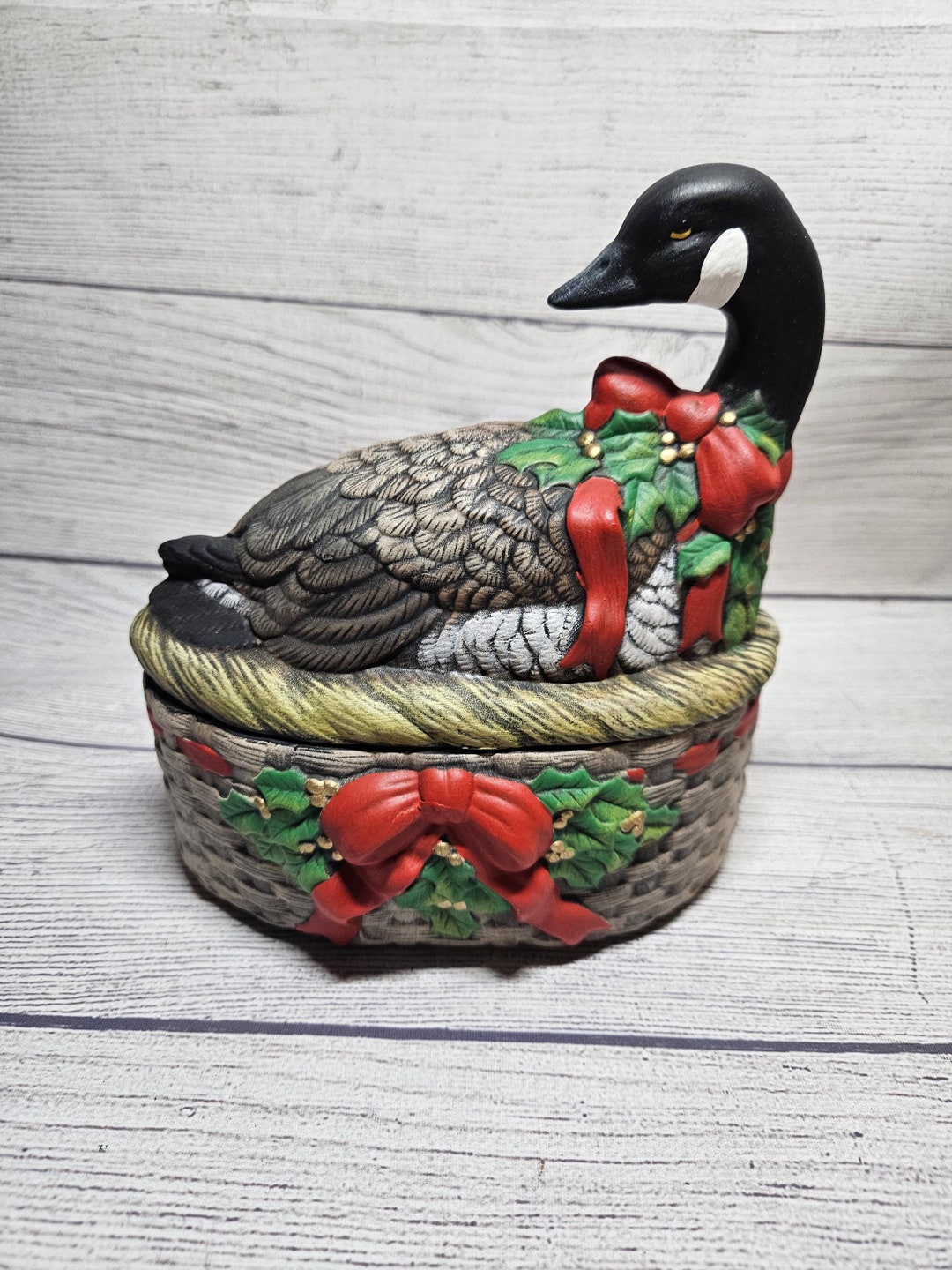 Vtg Christmas Ceramic Goose Basket 2-piece Nest Box - 7.5" - Candy ...