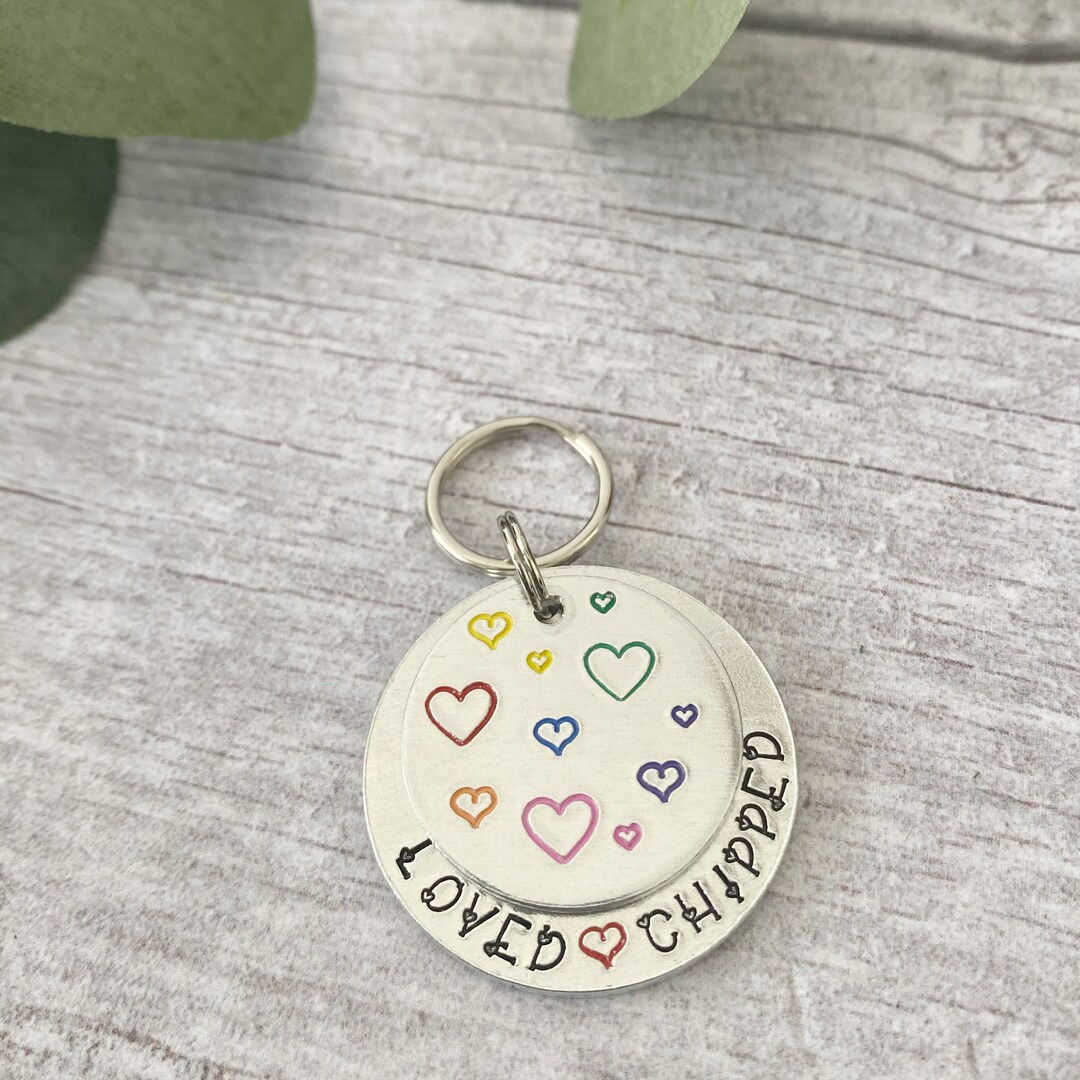 Colourful Hearts Dog Tag Loved and Chipped Pet Tag Pet ID - Etsy