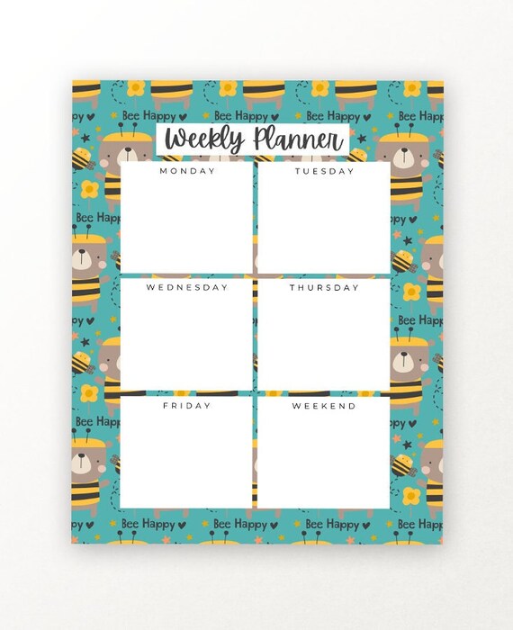 Weekly Planner Printable // Bumble Bee Weekly Planner // Kids | Etsy