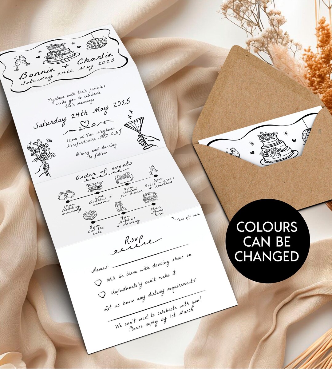 Hand-drawn Wedding Invitation: Black & White Watercolor, RSVP Timeline ...