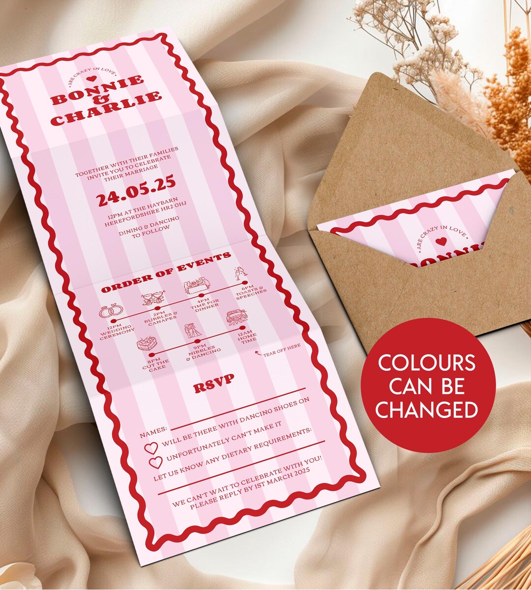Retro 70s Wavy Stripe Wedding Invitation: Pink & Red Folded Invite ...